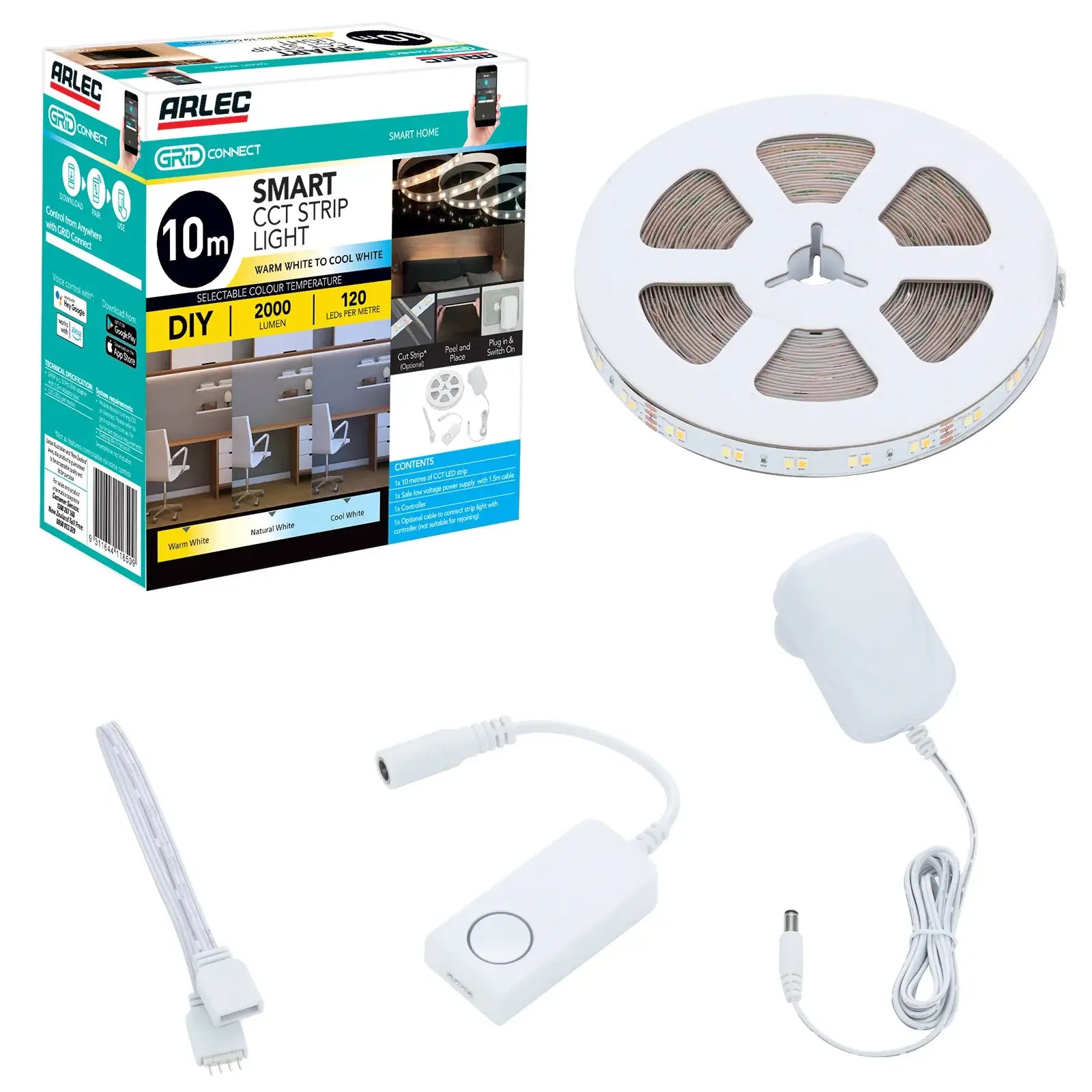 Arlec White 10m 2000lm Grid Connect Smart LED Strip Light