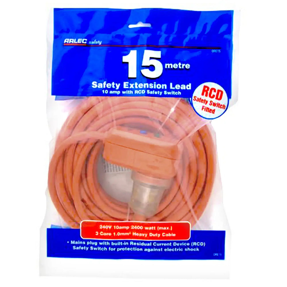 Arlec Orange 15m Safety Extension Lead with In Line RCD Safety Switch