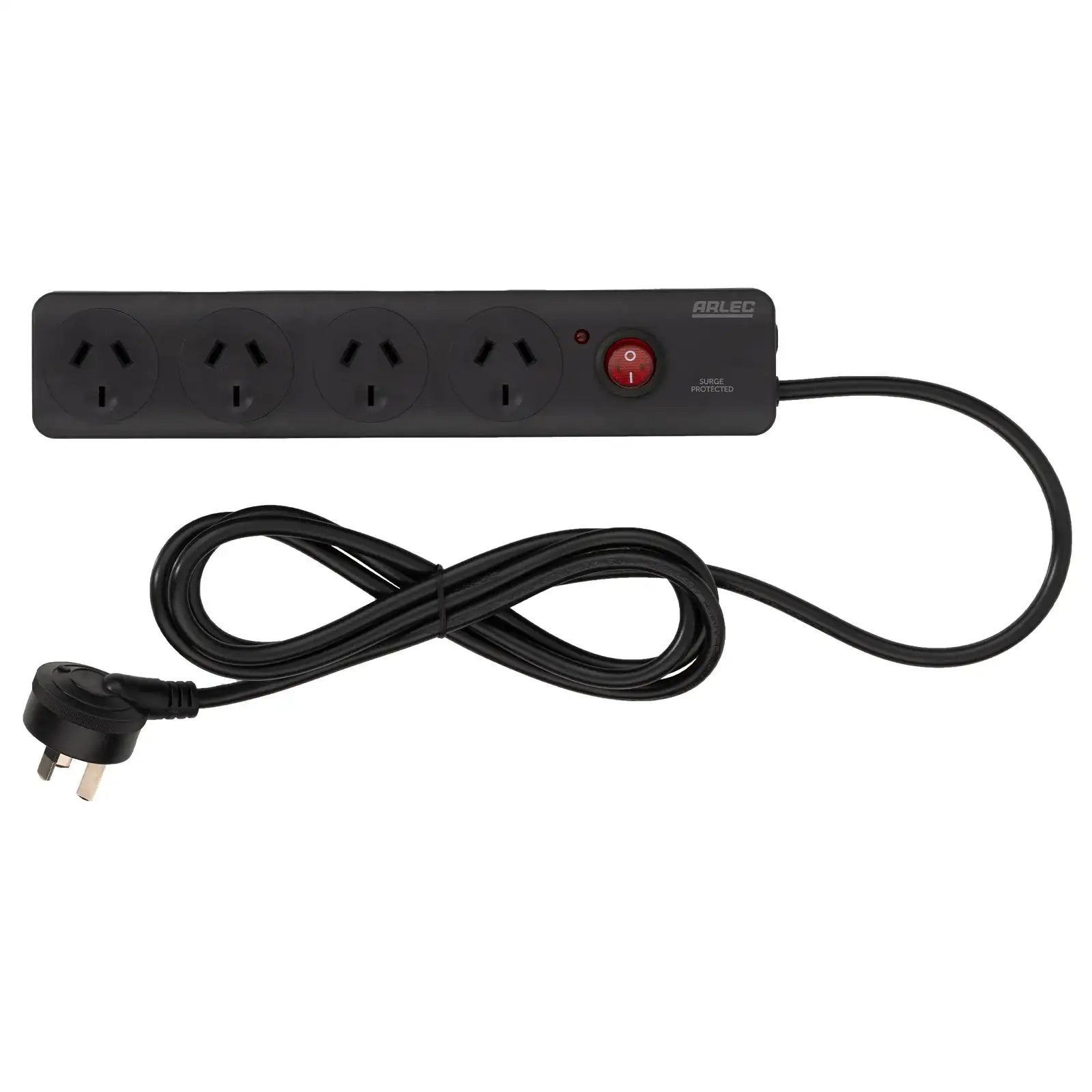 Arlec Black 4-Outlet Surge Protected Powerboard with Master Switch
