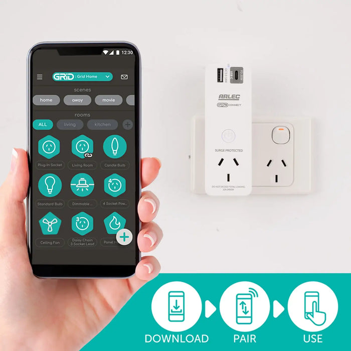 Arlec White Grid Connect Smart Plug-In Multi Function Socket with USB